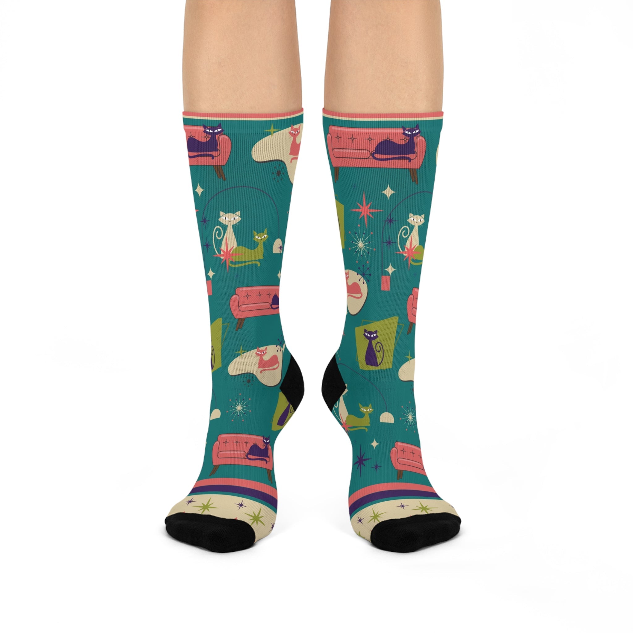 MCM Retro Feline Cat Socks Unisex Adult Stretchy Mid Calf Original ...